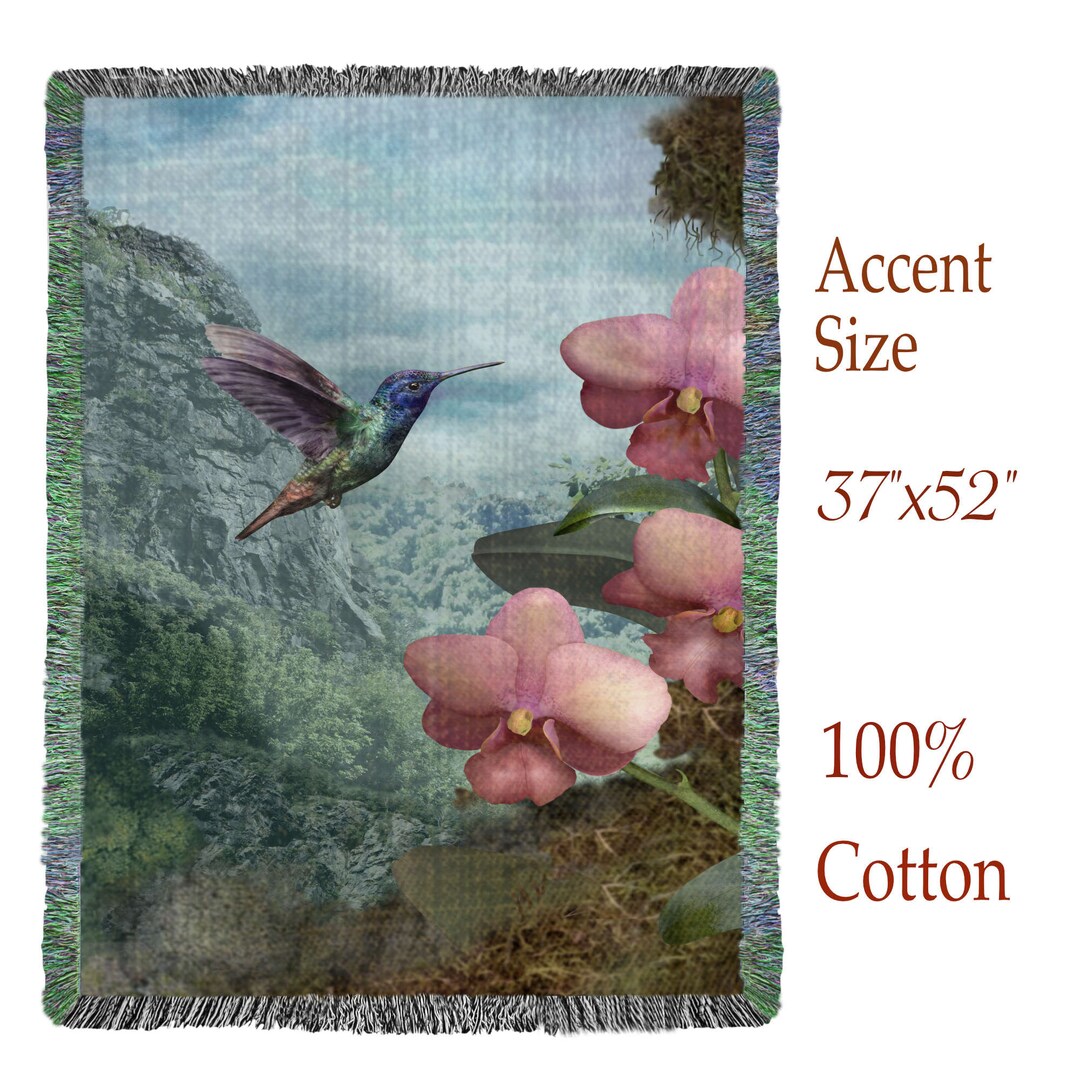 New Accent Size Hummingbird With Orchids, Woven Throw Blanket, Tapestry ...