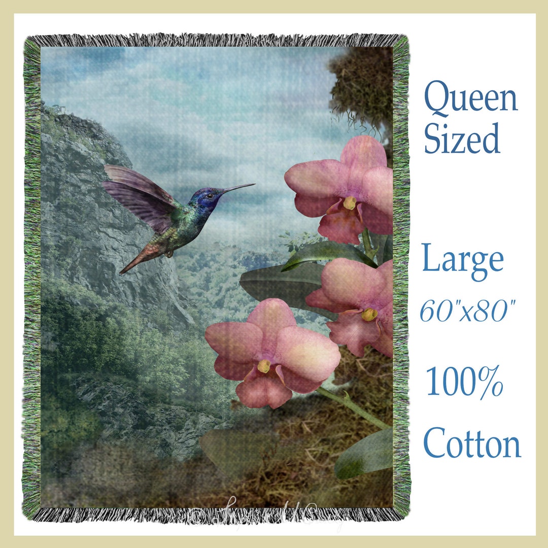 New Large/queen Hummingbird With Orchids, Woven Throw Blanket, 60x80 ...