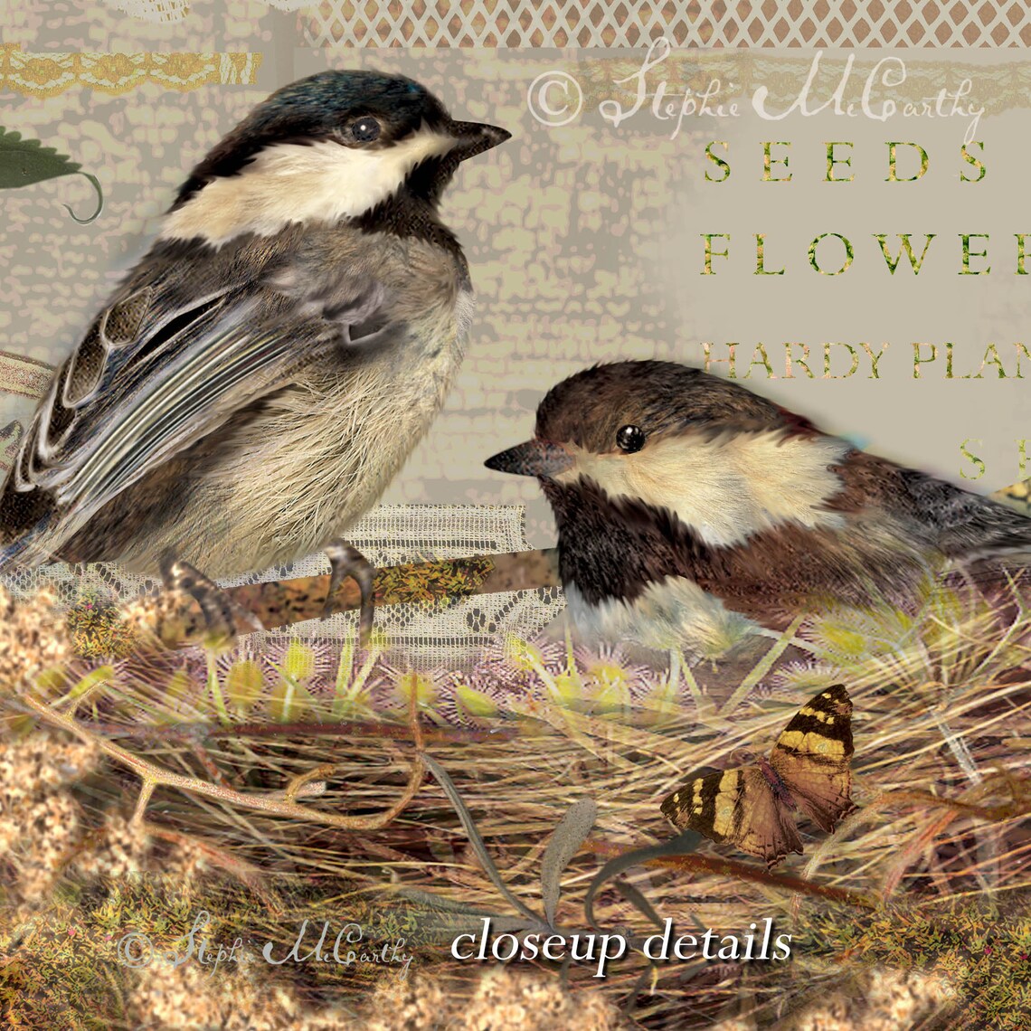 Chickadee Birdslace-collage-artpillowandinsert14x14by - Etsy