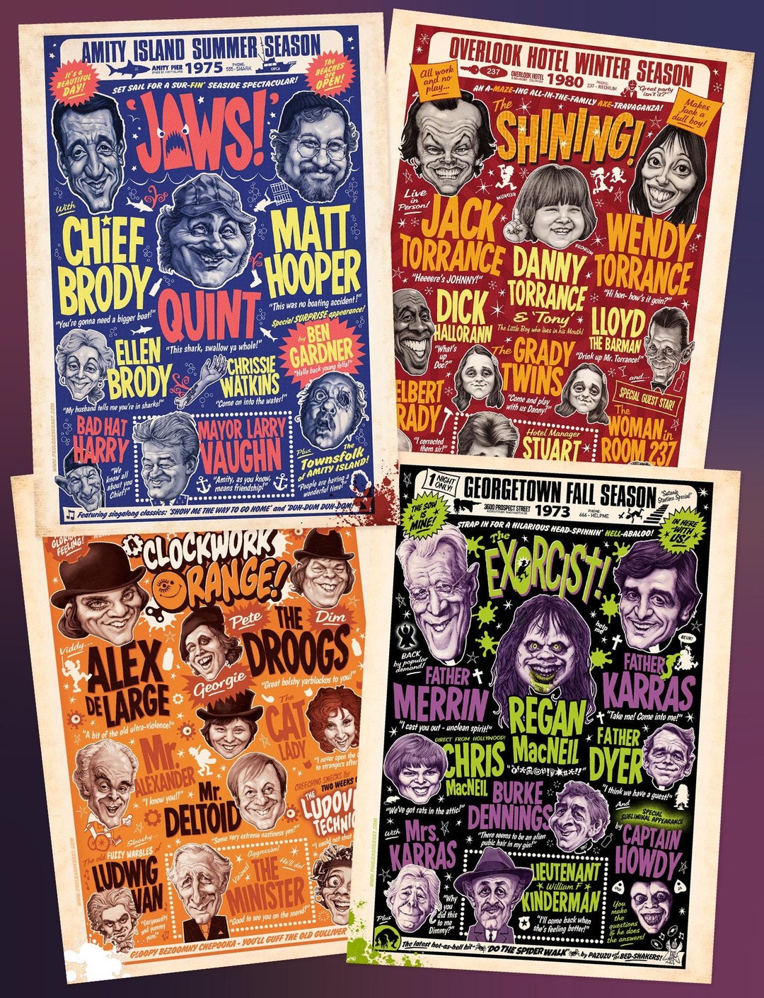 Set of 4 Comedy Variety Posters JAWS, the Shining, A Clockwork Orange ...