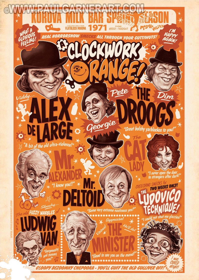 Set of 4 Comedy Variety Posters JAWS, the Shining, A Clockwork Orange ...