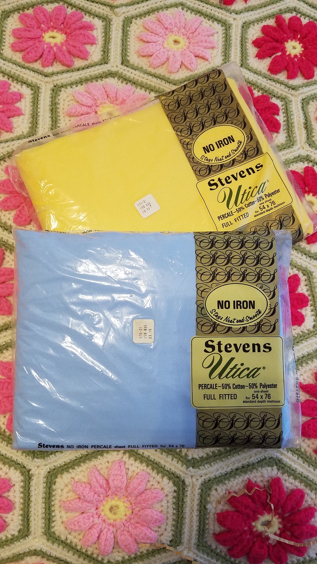 Vintage Stevens Utica Full Size Percale Fitted Sheets Yellow and Blue ...