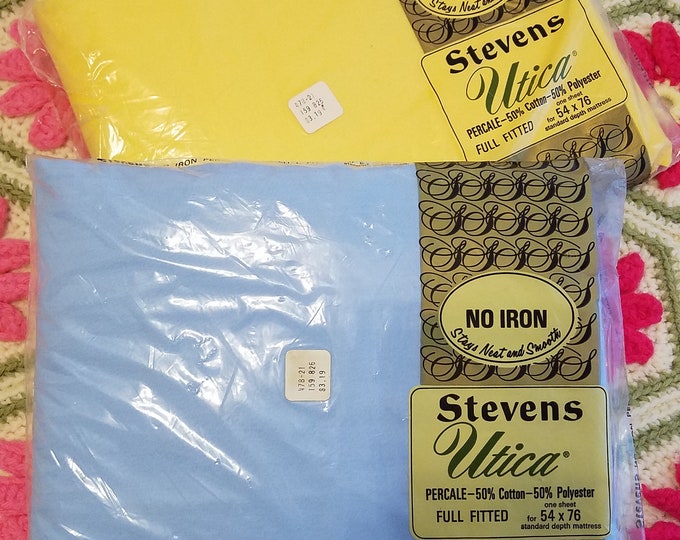 Vintage Stevens Utica Full Size Percale Fitted Sheets Yellow and Blue ...