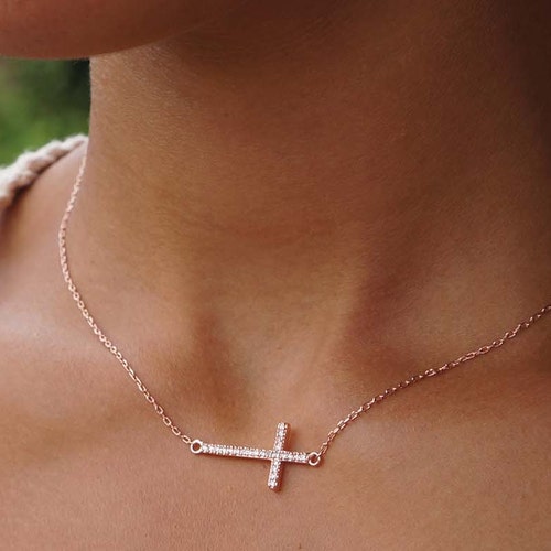 Sideways Cross Necklace Horizontal Cross With Cubic Zirconia - Etsy