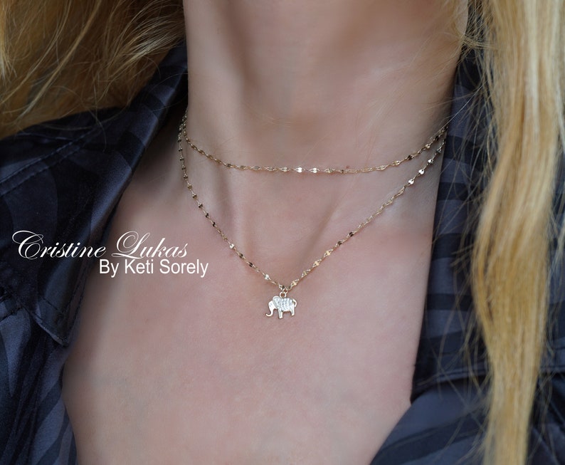 Layered Elephant Necklace in Yellow Gold, Double Chain Stackable ...
