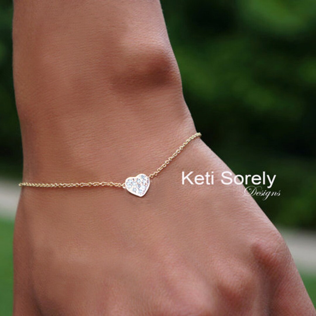 Heart Bracelet With Diamonds in 10K, 14K or 18K Solid Gold - Dainty ...