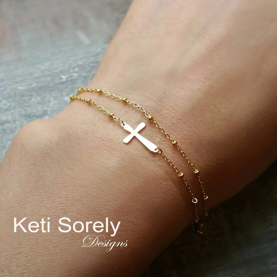 Sideways Cross Bracelet or Anklet W/ Double Chain Beaded Satellite ...