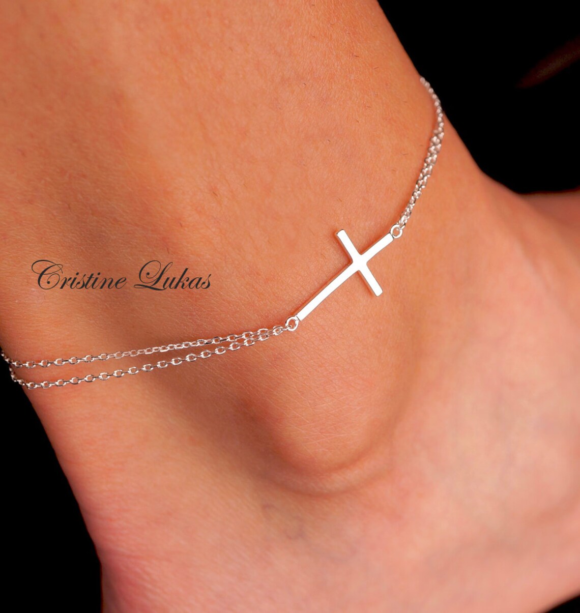 Sale Double Chain Sideways Cross Anklet in Sterling Silver - Etsy