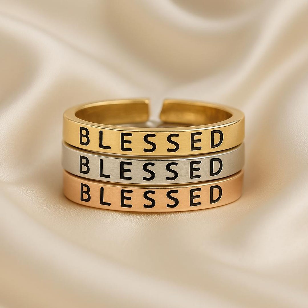 Stacking Ring "blessed" in Yellow, Rose & White Gold Color, Engraved ...