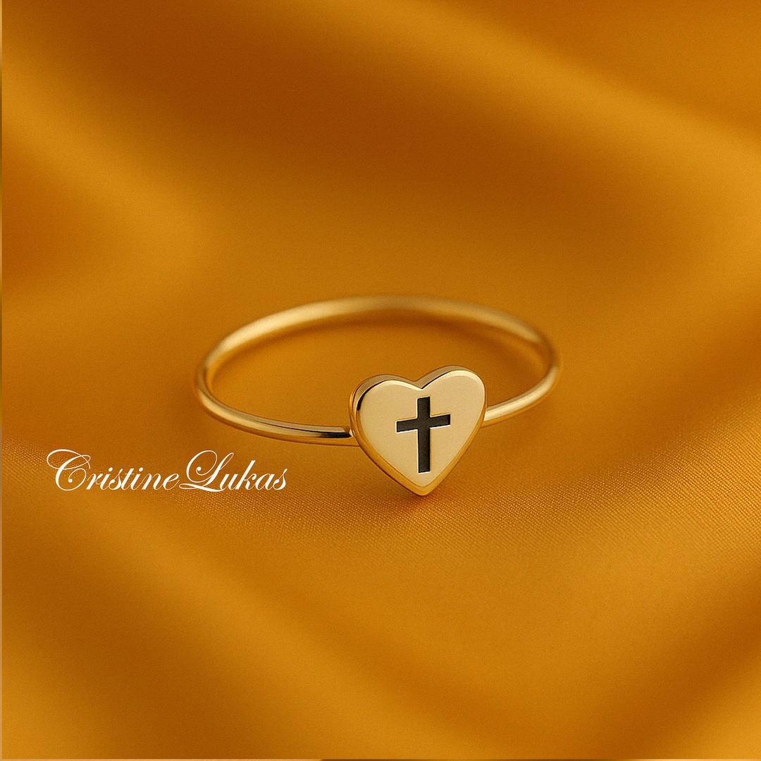 10K, 14K or 18K Solid Gold Mini Heart & Cross Ring in Yellow, White or ...