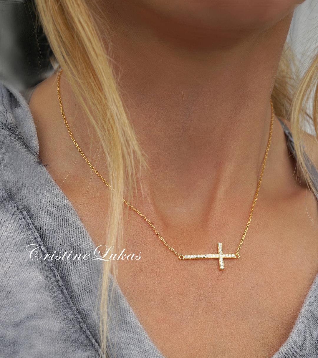 Sideways Cross Necklace With Cubic Zirconia Stones in Sterling Silver ...