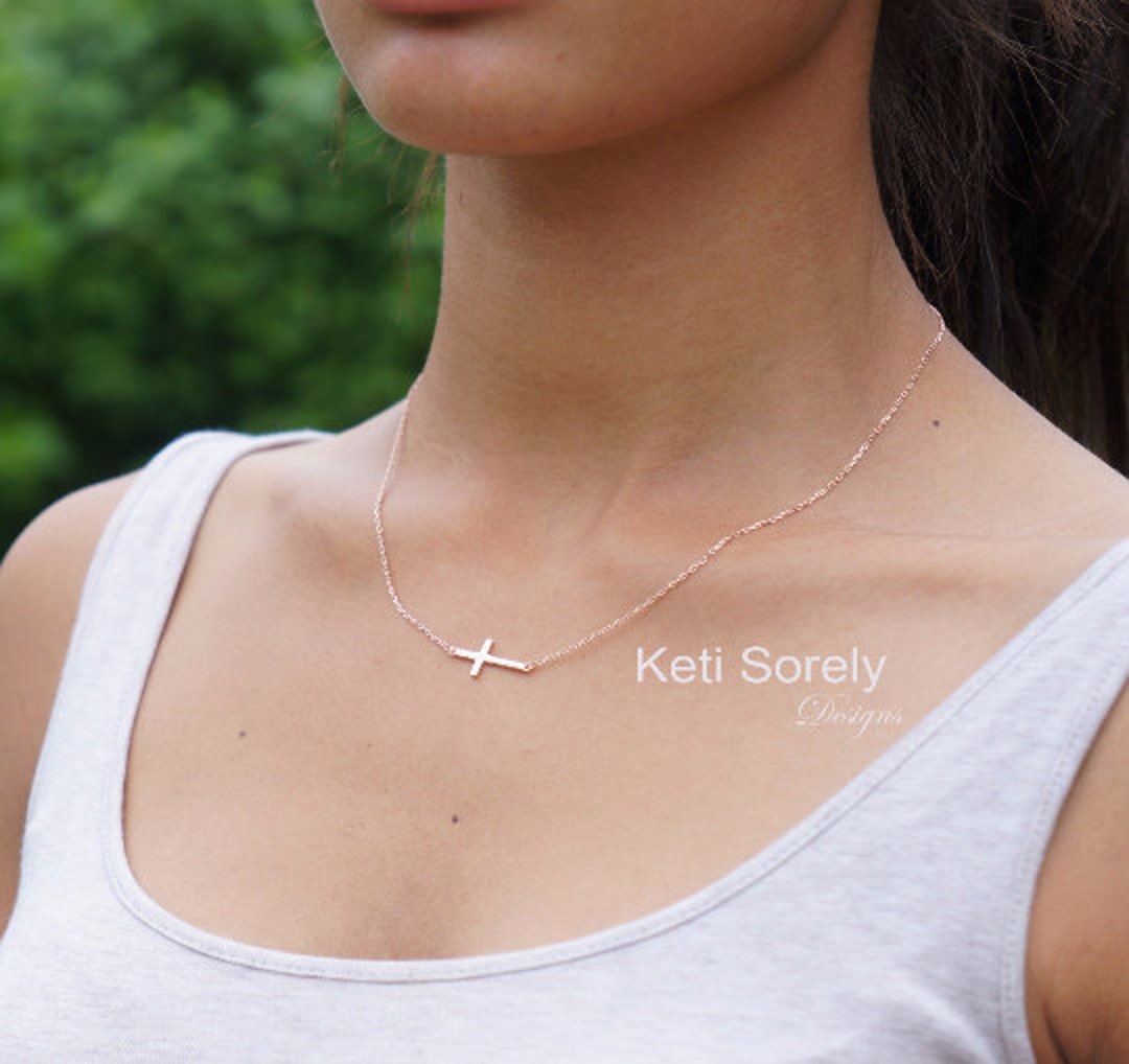 10K, 14K or 18K Solid Gold Sideways Cross Necklace in White, Yellow or ...