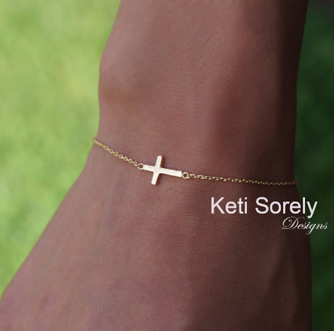 Sideways Cross Bracelet or Anklet in Solid Gold - 10K, 14K or 18K Solid Gold in Yellow, Rose or ...