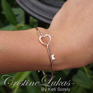 Sideways Key Bangle Bracelet With Heart - Rose Gold, Yellow Gold or ...