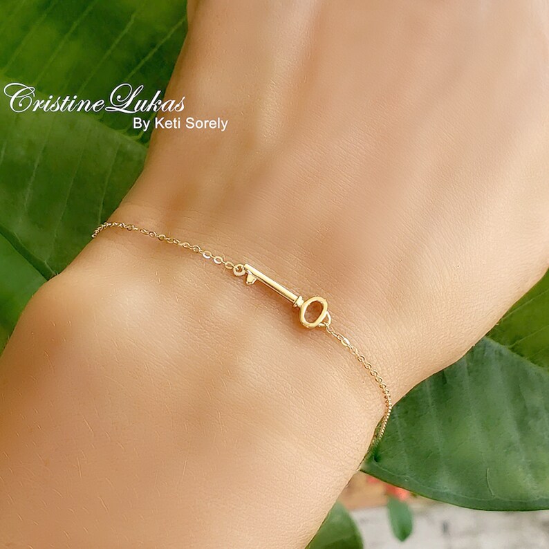 10K, 14K or 18K Solid Gold, Mini Sideways Key Bracelet or Anklet in ...