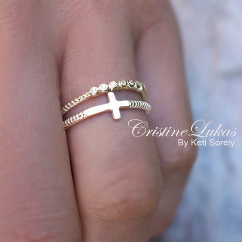10K 14K or 18K Solid Gold Stacking Ring Set W/ Sideways Cross - Etsy