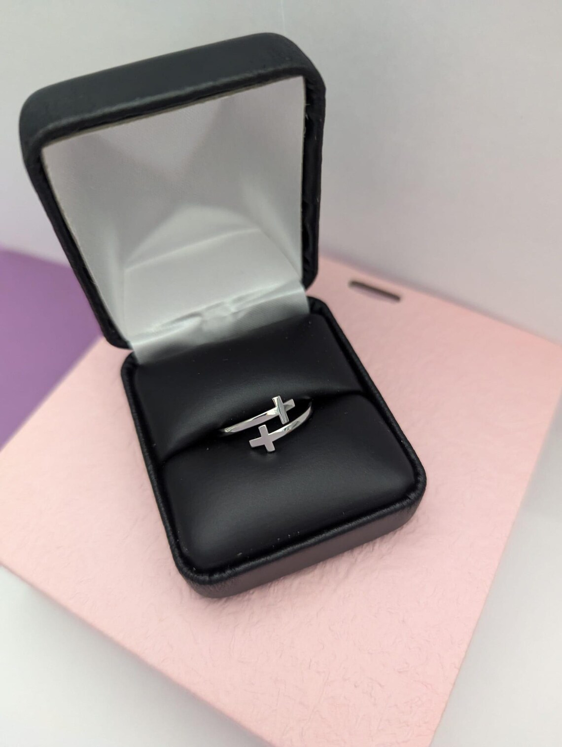 10K, 14K or 18K Solid Gold Double Cross Ring, Sideways Bypass Crosses ...