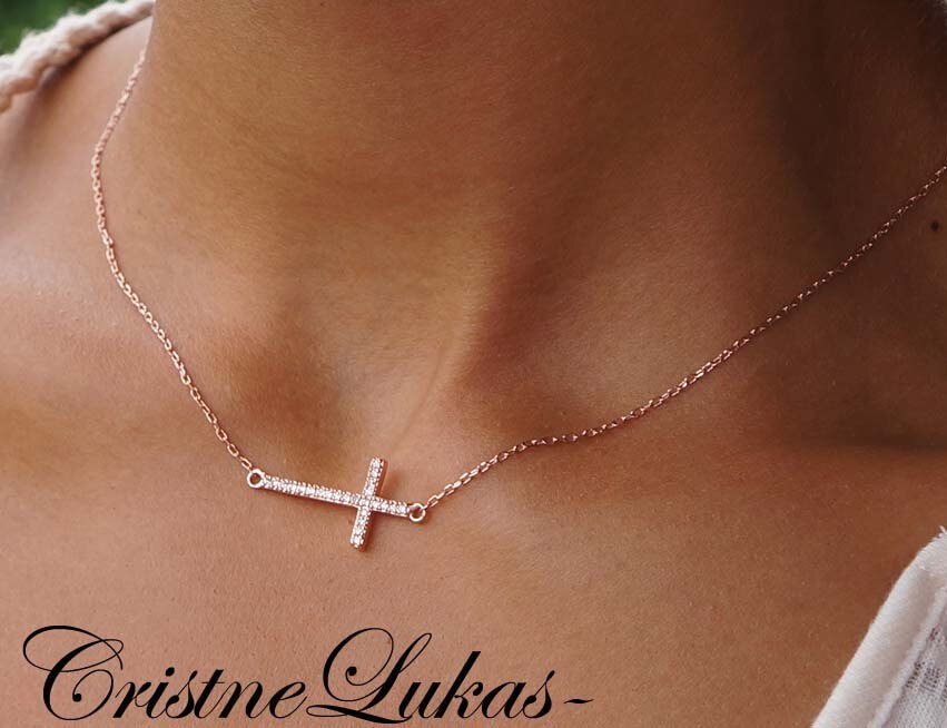 Sideways Cross Necklace Horizontal Cross With Cubic Zirconia - Etsy