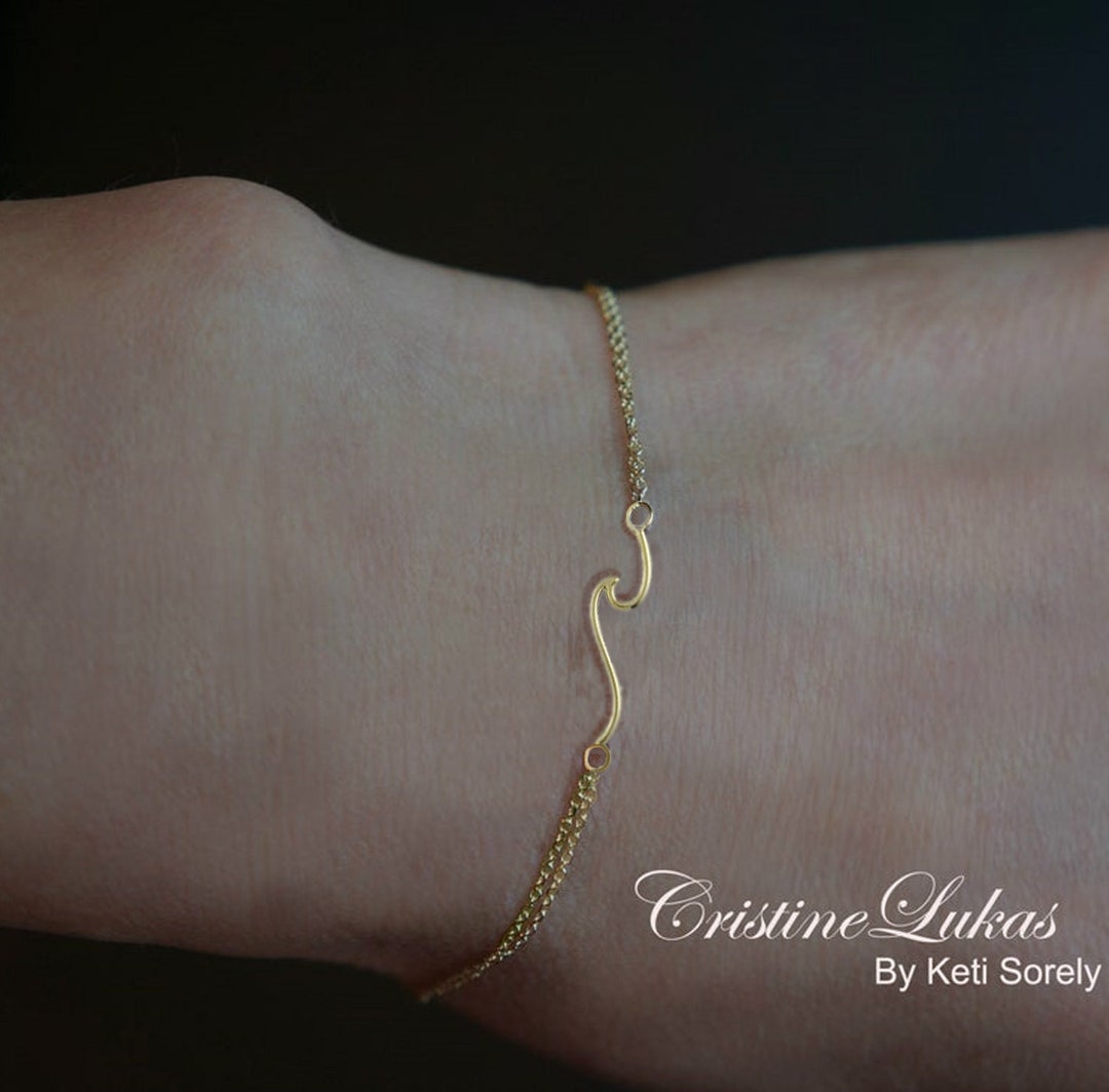 10K, 14K or 18K Solid Gold Wave Bracelet With Double Chain - Ocean ...
