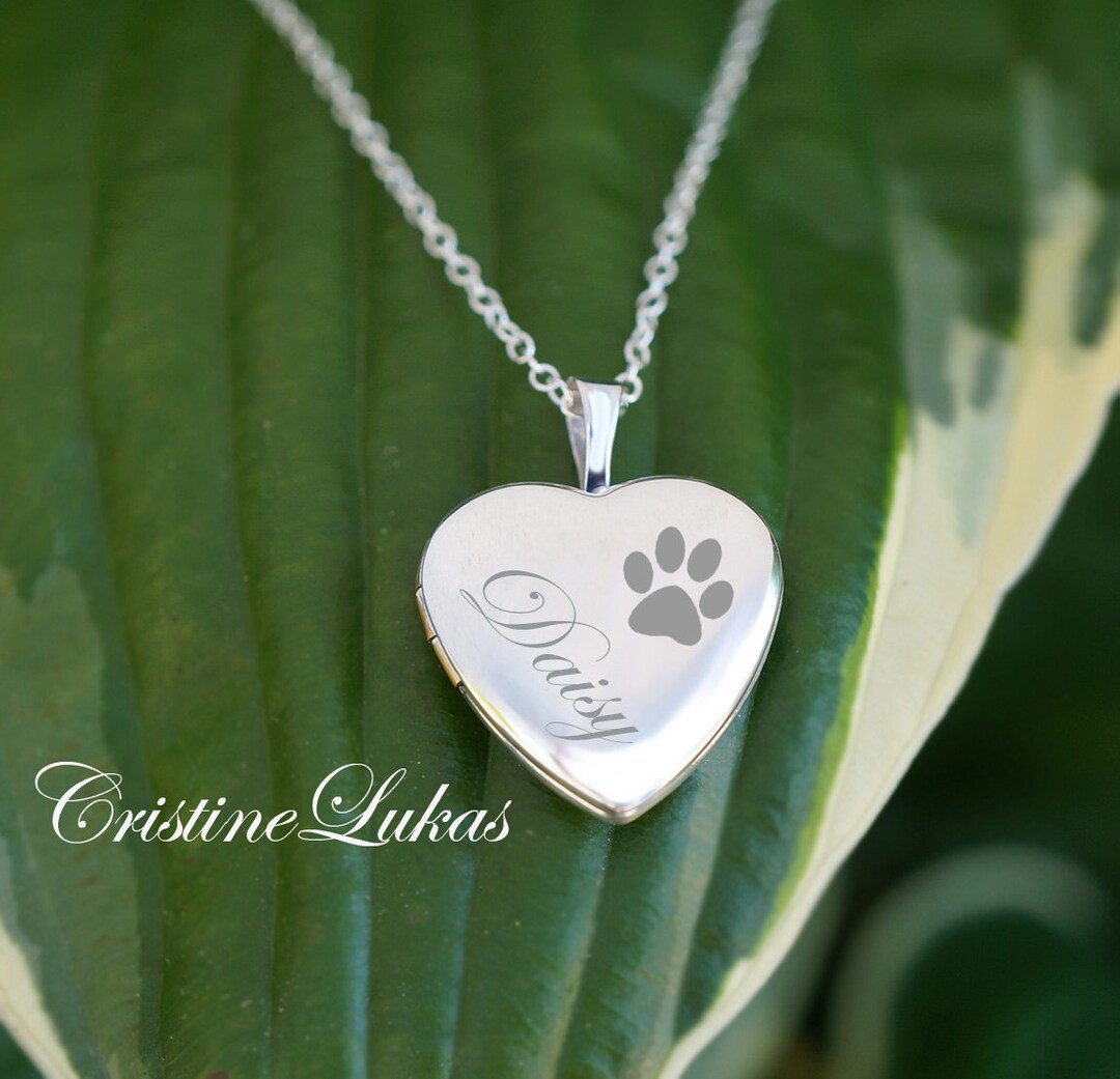 Engraved Heart Locket Necklace With Pet Paw Print & Name in Sterling ...