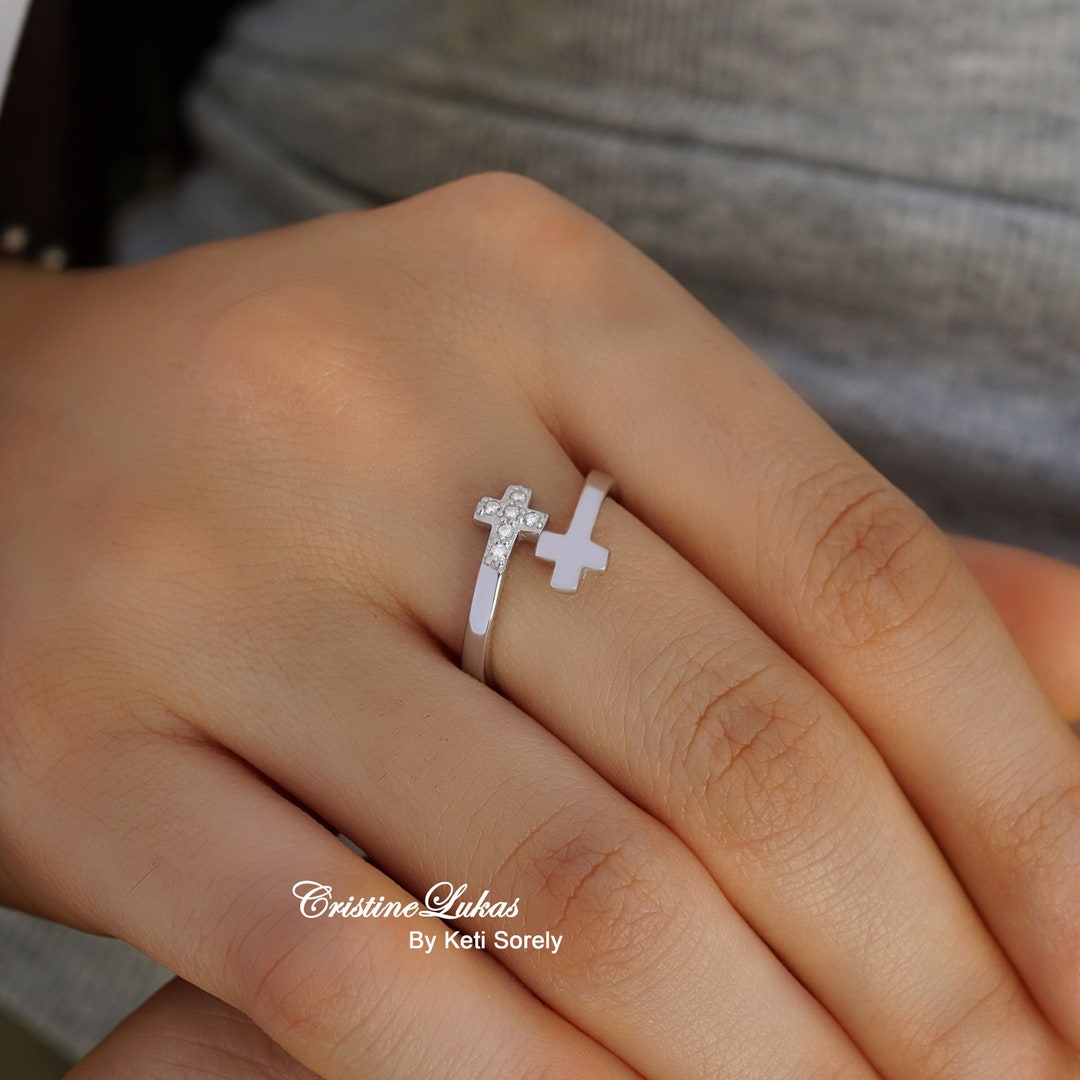Double Cross Ring With Diamonds or CZ Stones in Solid Gold, Double Wrap ...