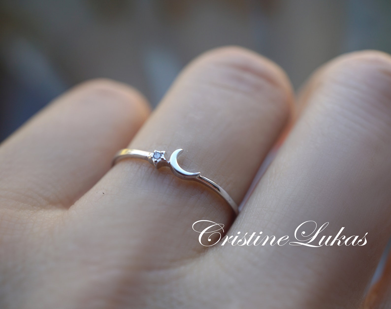 Moon & Star Ring With Diamond in Solid Gold: 10K 14k or 18K - Etsy