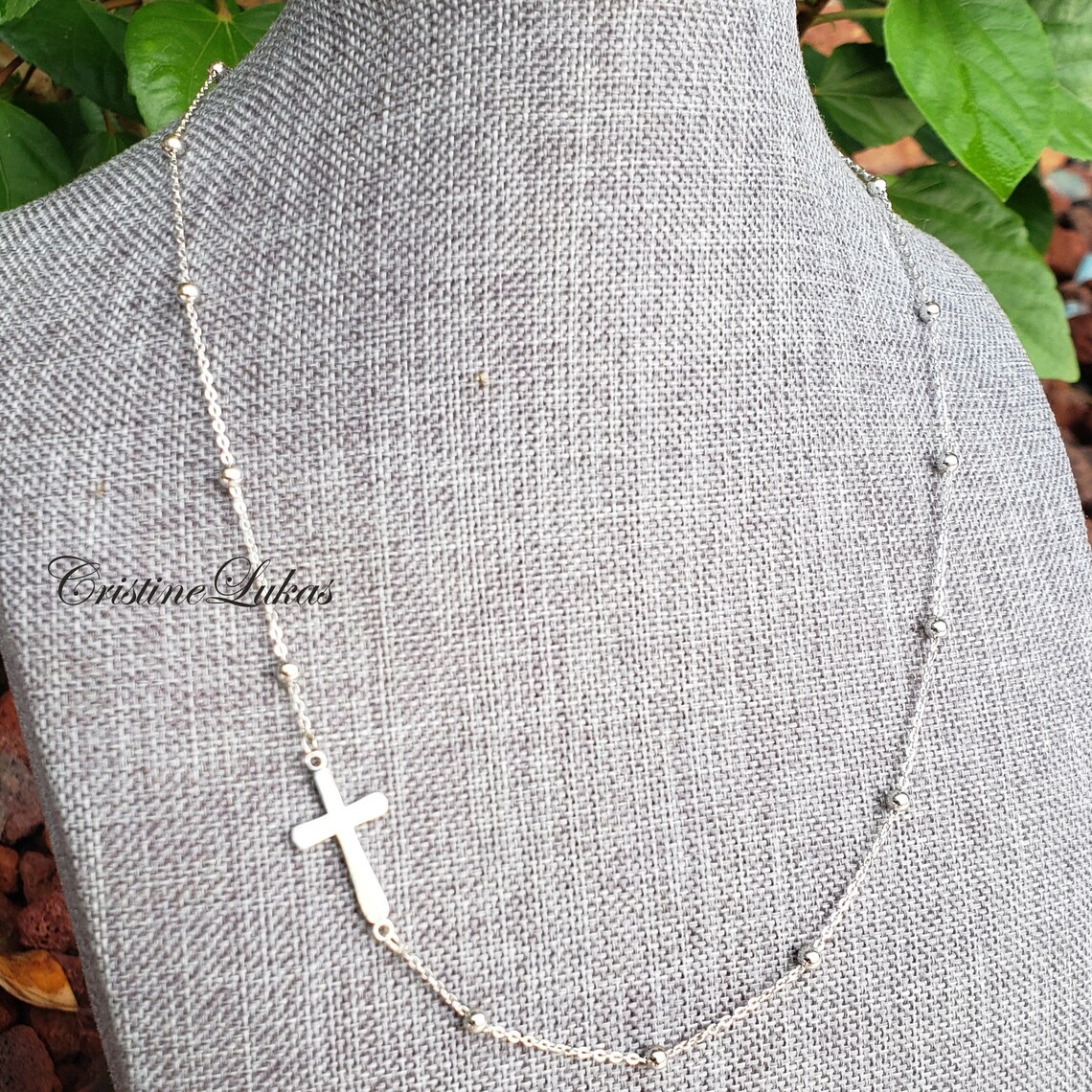 Sideways Cross Necklace With Beaded Chain Satellite Chain | Etsy