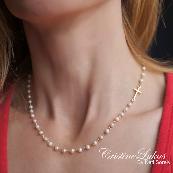 Pearl Cross Necklace Etsy