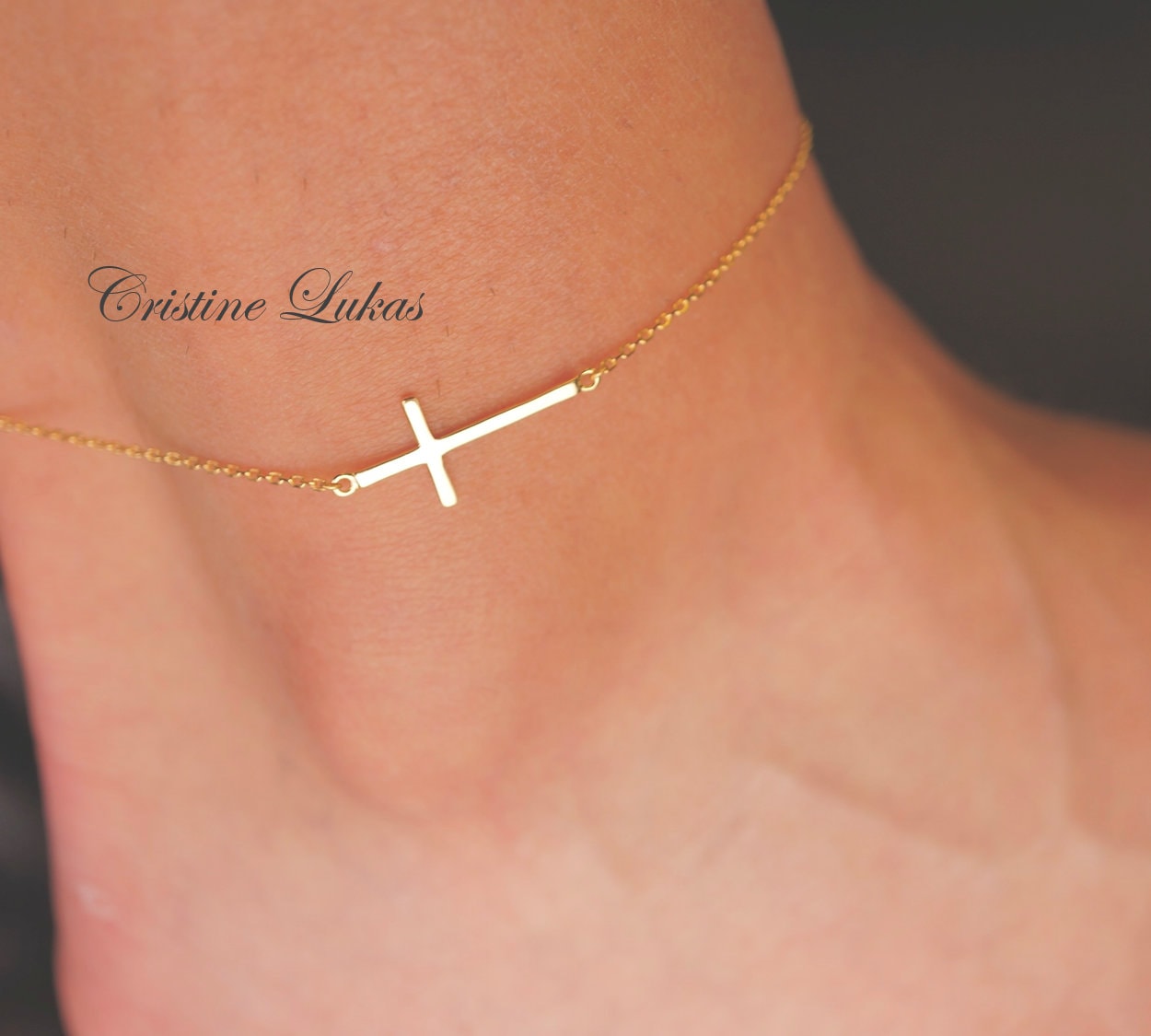 Sideways Cross Anklet in Sterling Silver, Yellow or Rose Gold, Beach ...