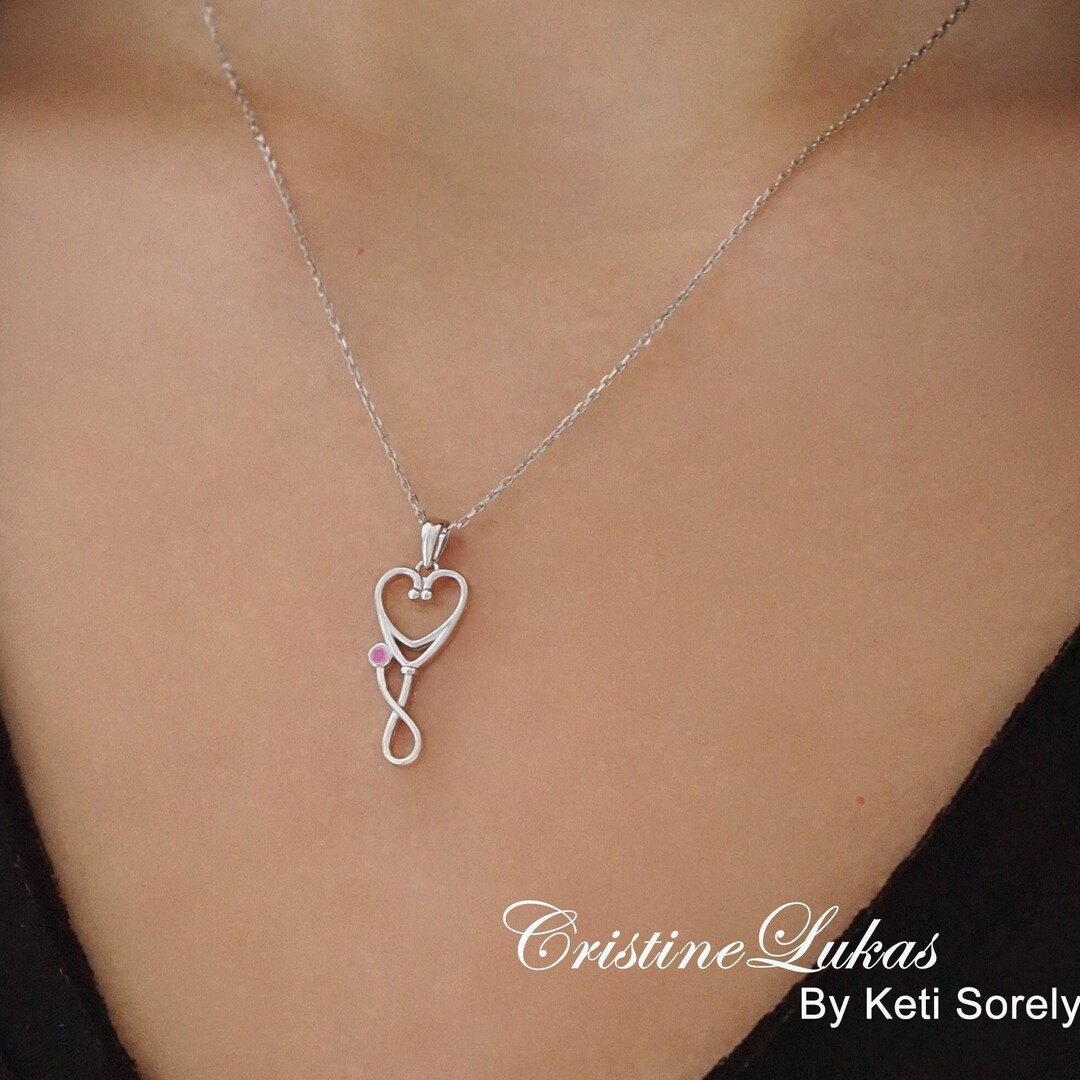 Solid Gold Stethoscope Infinity Necklace With Your Birthstone, Medical ...
