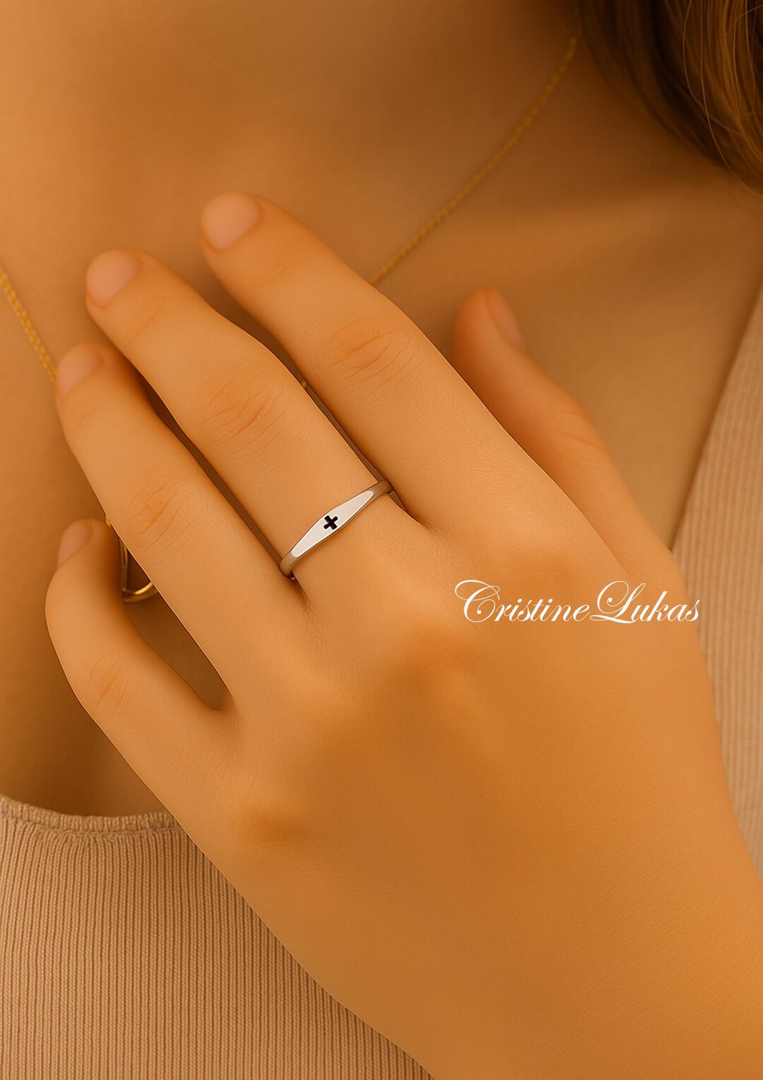 10K, 14k or 18K Solid Karat Gold Mini Cross Ring in Yellow, Rose or White Gold, Religious Ring ...