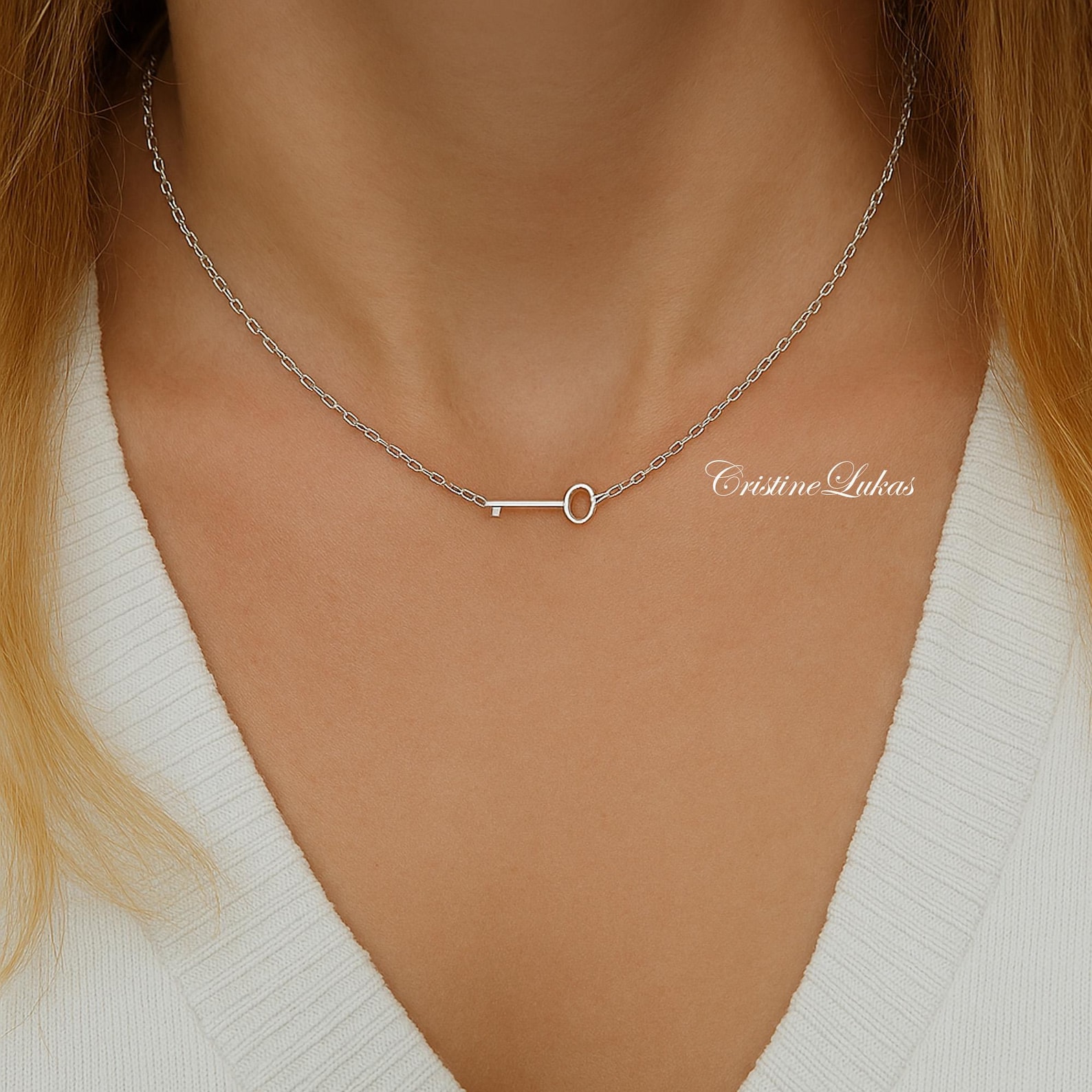 10K, 14K or 18K Solid Gold Mini Sideways Key Necklace in Yellow Gold ...