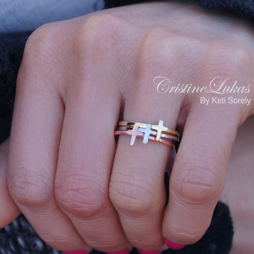 Stacking Rings Set, Classic Cross Ring Set in Sterling Silver, Yellow ...