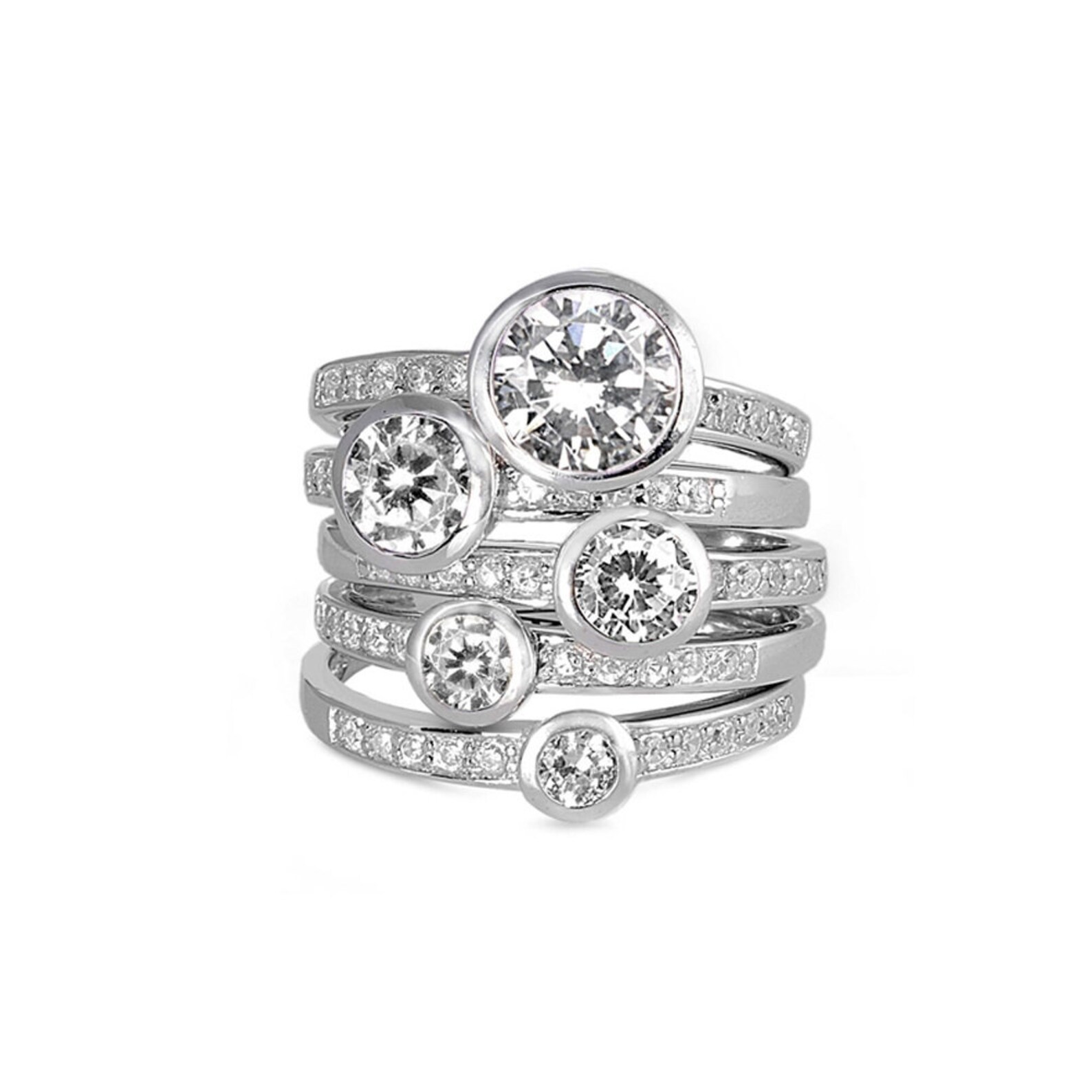5 Stacking Rings Set, Sparkling Cubic Zirconia Stones in Sterling ...