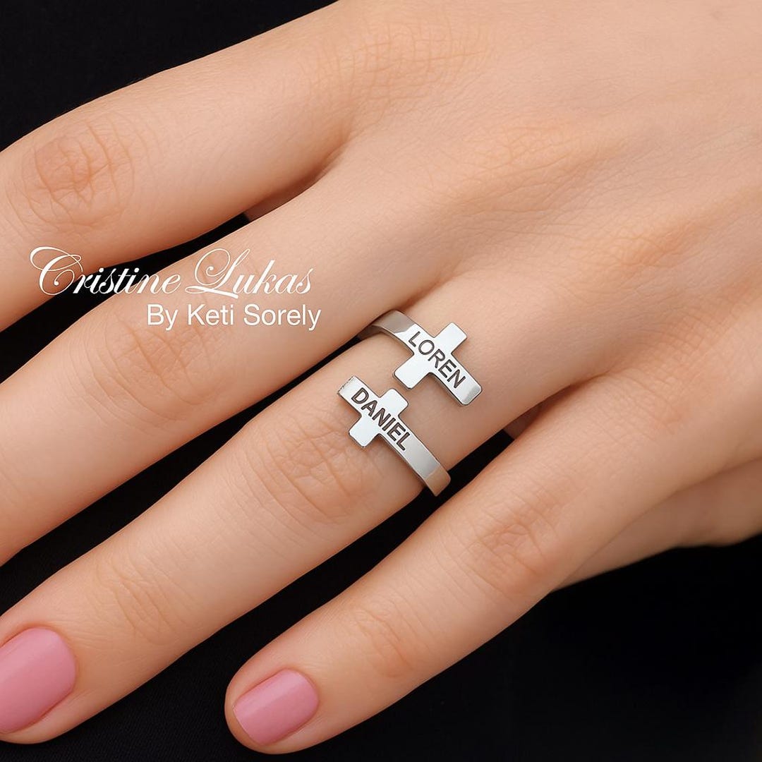 Engraved Cross Ring With Names or Dates, Double Wrap Ring With ...