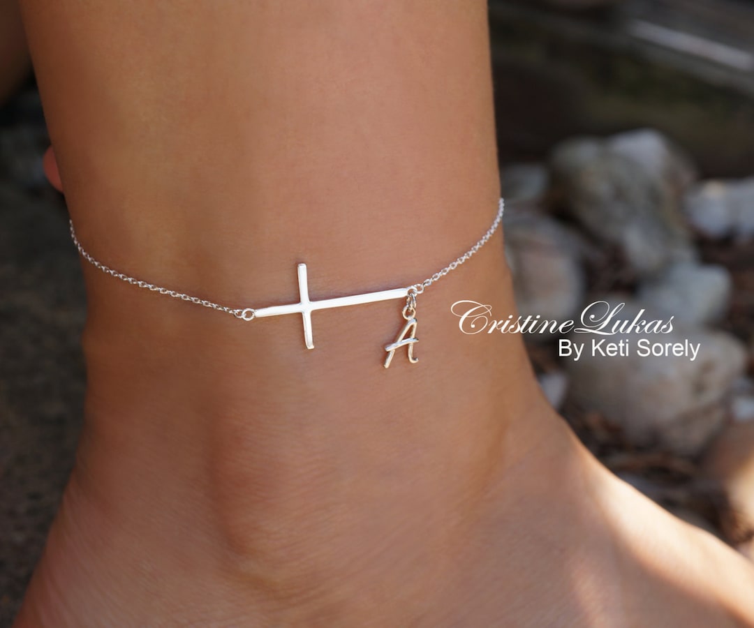 Sideways Cross Anklet With Dainty Initial - Personalized Initial Anklet ...