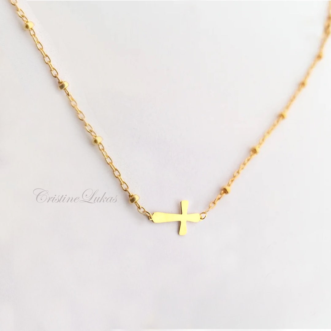 14K Solid Gold or 14K Gold Filled Sideways Cross Necklace With Beaded ...