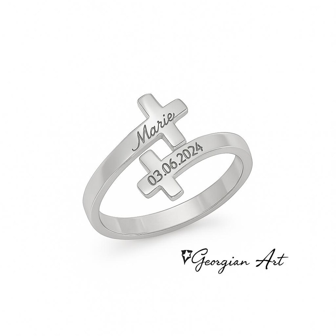 Engraved Cross Ring With Names or Dates, Double Wrap Ring With ...