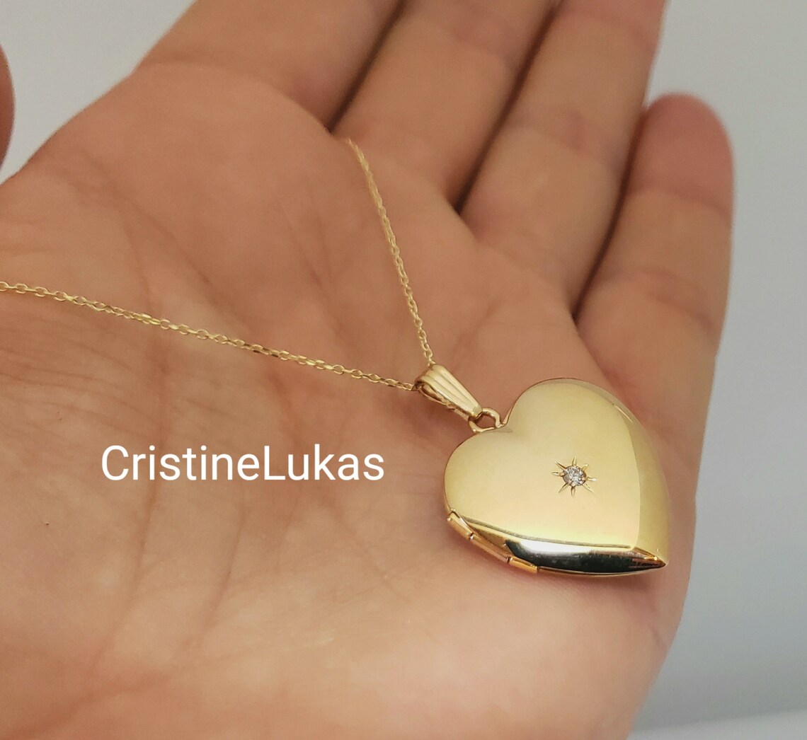14K Solid Gold Heart Locket With Diamond .04ct Personalize - Etsy