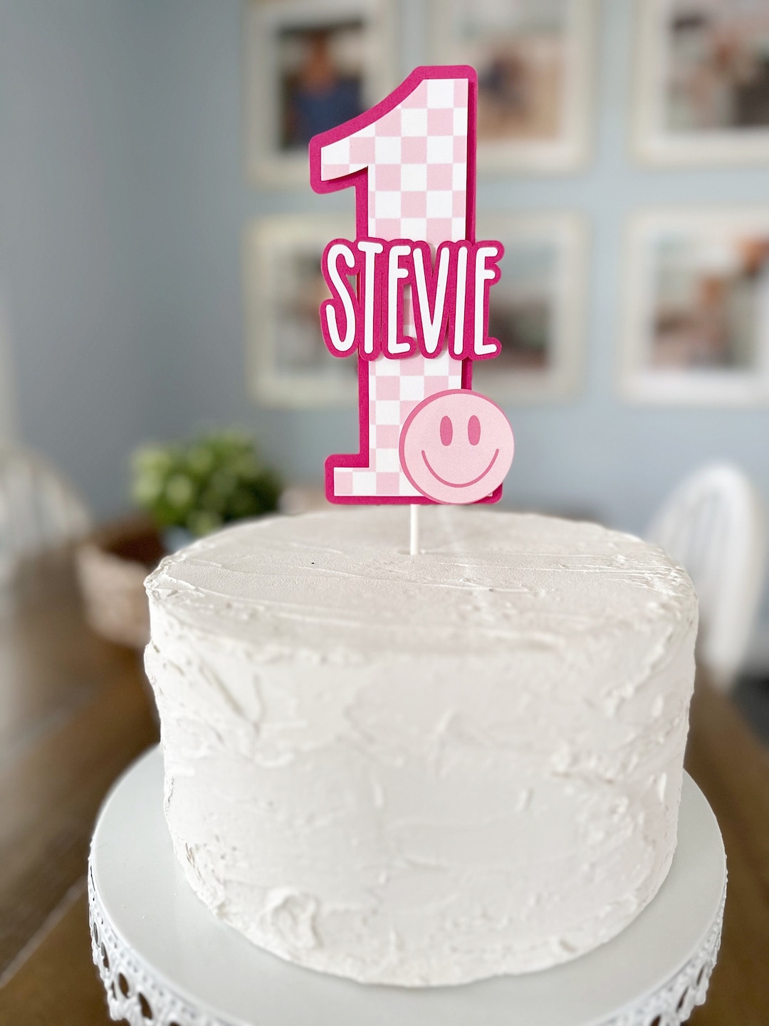 Preppy Smiley First Birthday Cake Topper , White , Pink, Checkeded ...