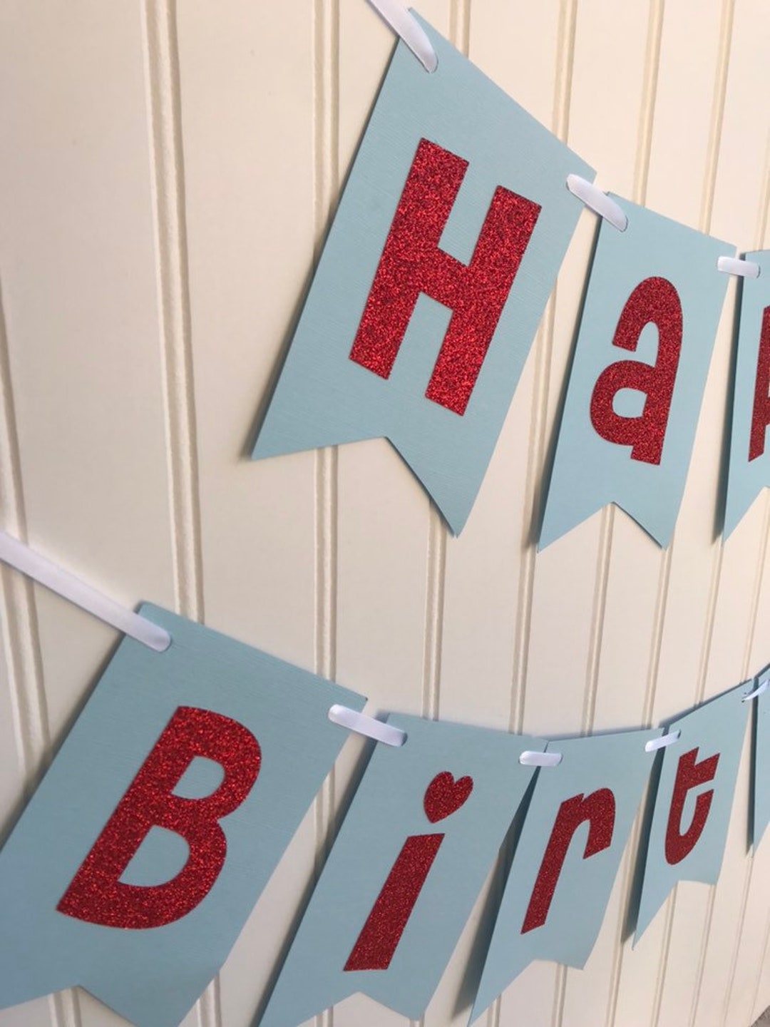 Happy Birthday Banner - Red Glitter and Lighr Blue - Etsy