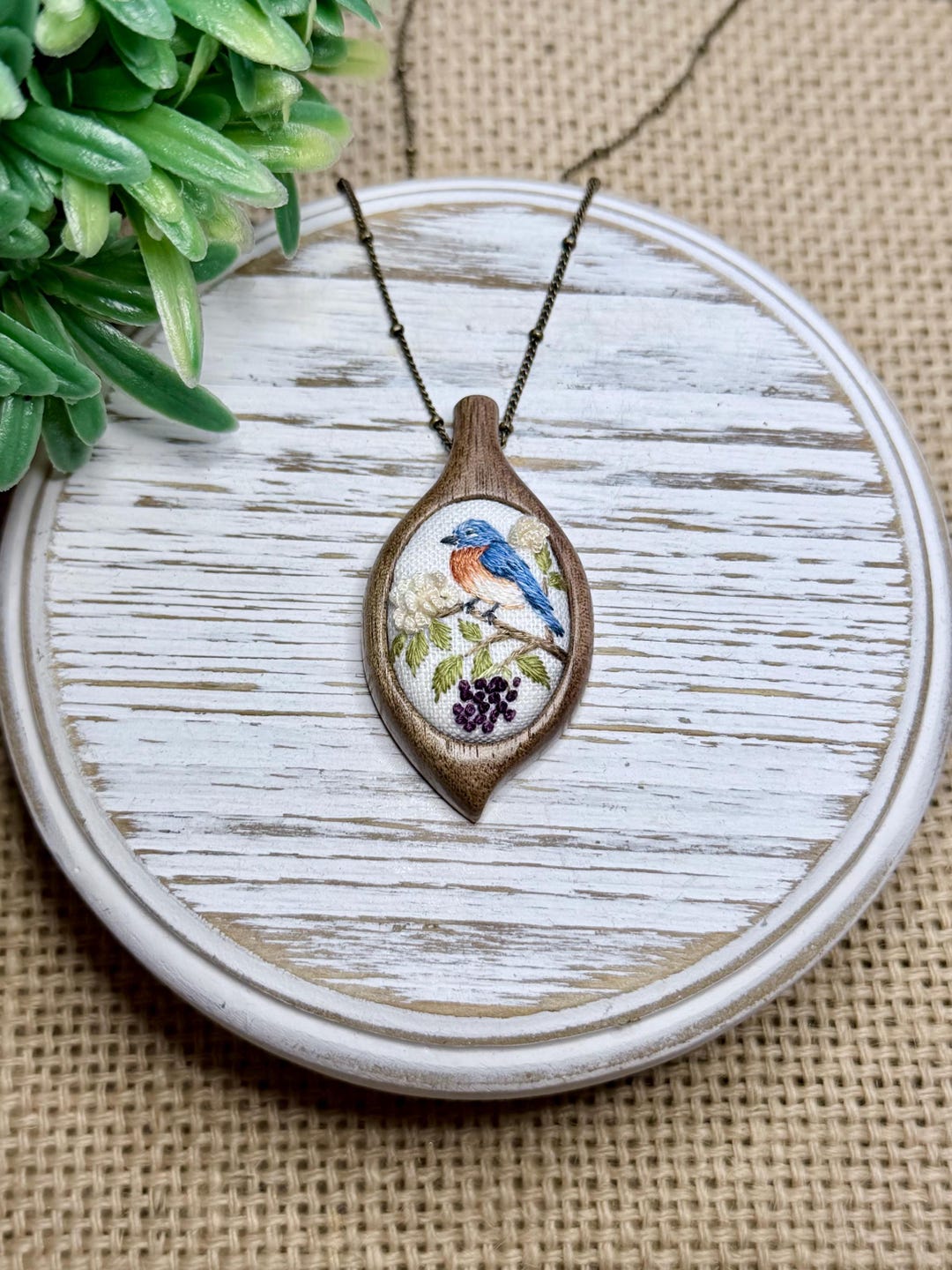 Hand Embroidered Eastern Bluebird Necklace, Bluebird Pendant, Bird ...