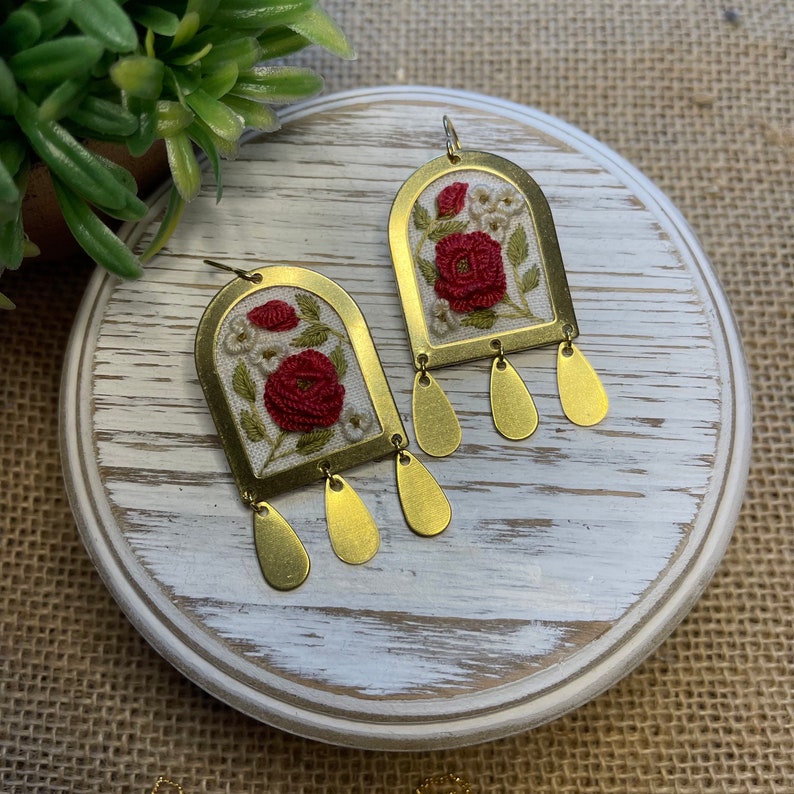 Hand Embroidered Botanical Statement Earrings - Etsy