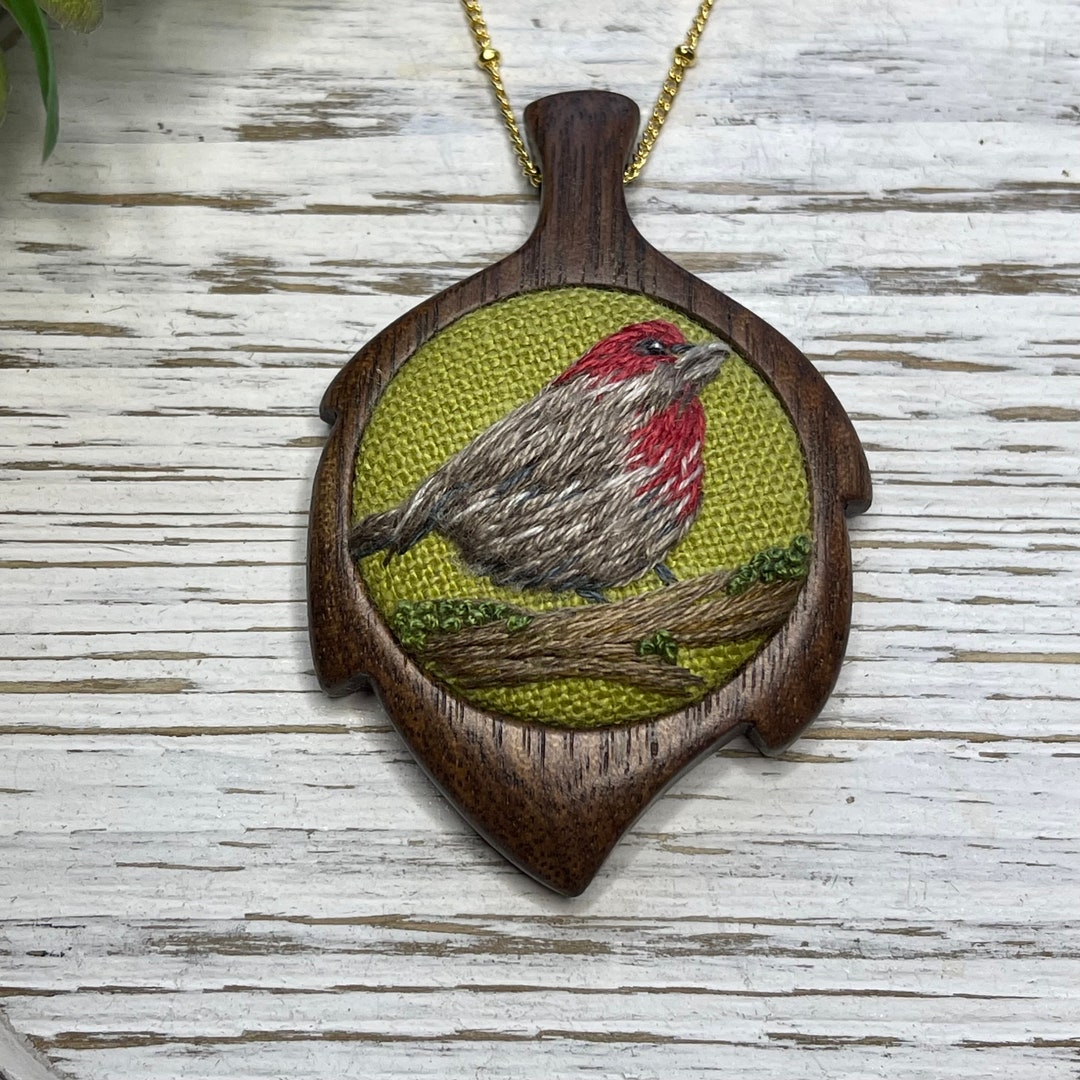 Hand Embroidered House Finch Pendant - Etsy