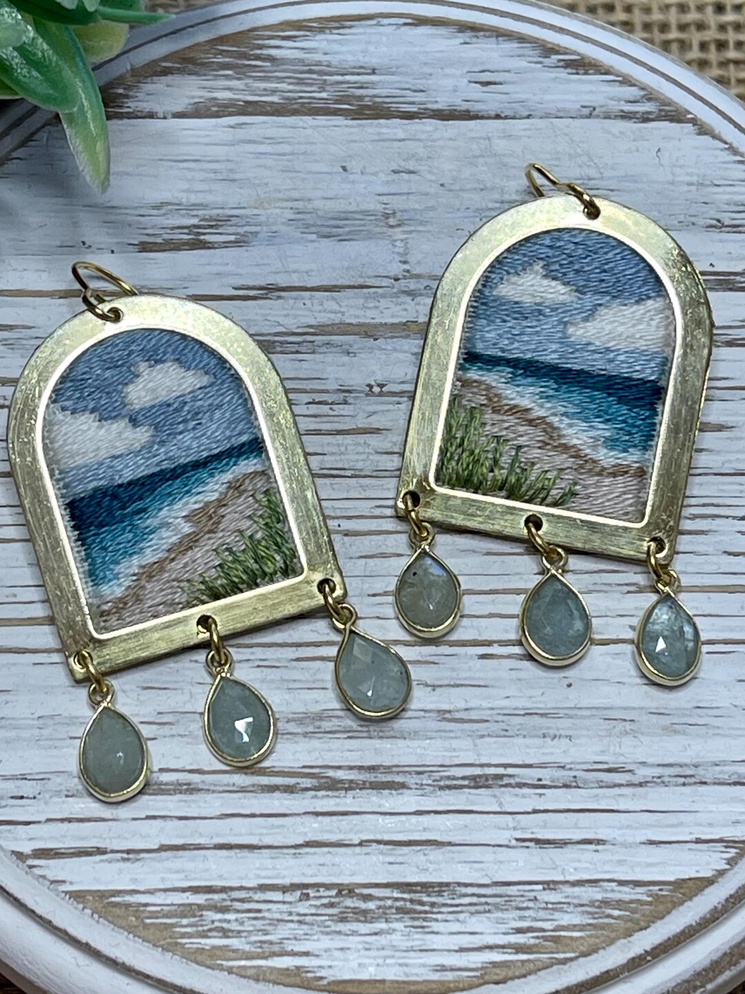 Hand Embroidered Beach Scene With Aquamarine Gold Vermeil Dangles. - Etsy