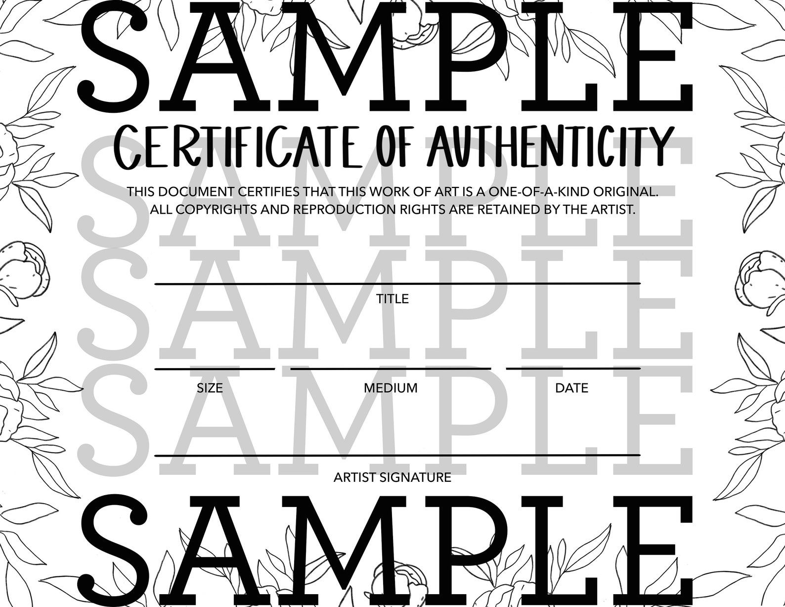 Certificate of Authenticity for Artwork Original Calligraphy - Etsy