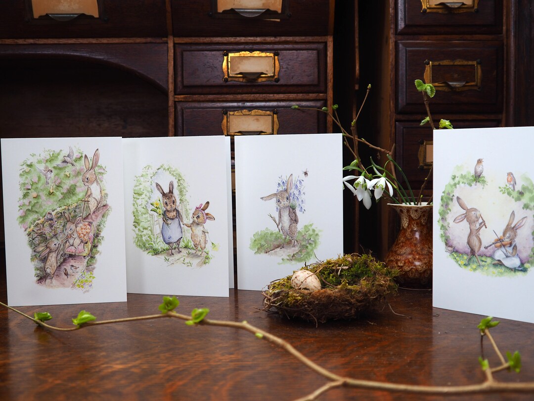 Set of Four Spring Rabbit Blank Greeting Cards // Easter // Birthday ...