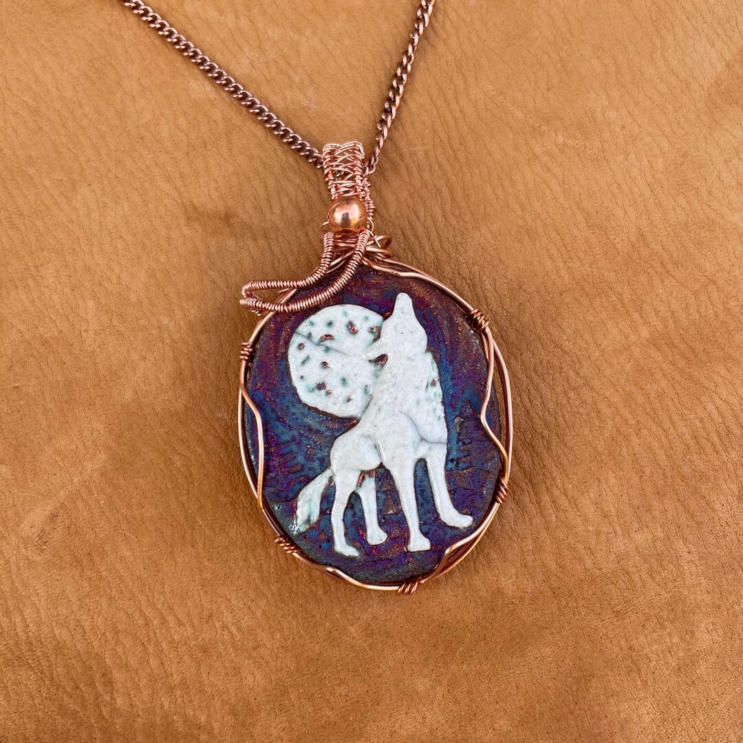 Howling Wolf Pendant: Copper Wire Wrapped Ceramic Necklace, 18" Chain ...