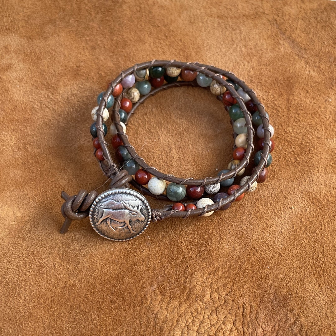 Moose Bracelet - Brown Leather Double Wrap Bracelet With Pewter Moose ...