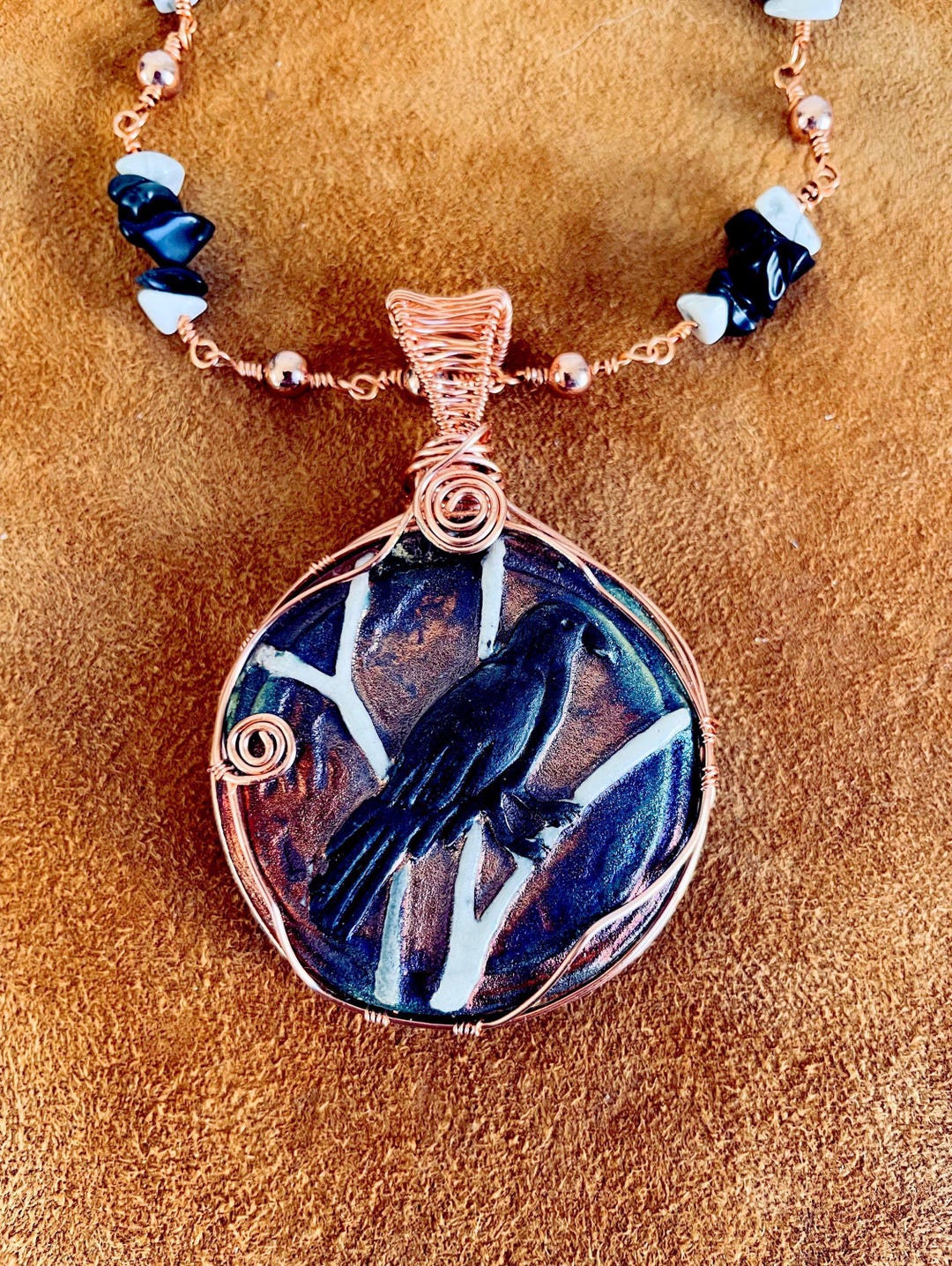 Crow Necklace, Black Crow Pendant, Copper Wire Wrapped Necklace, Raku ...